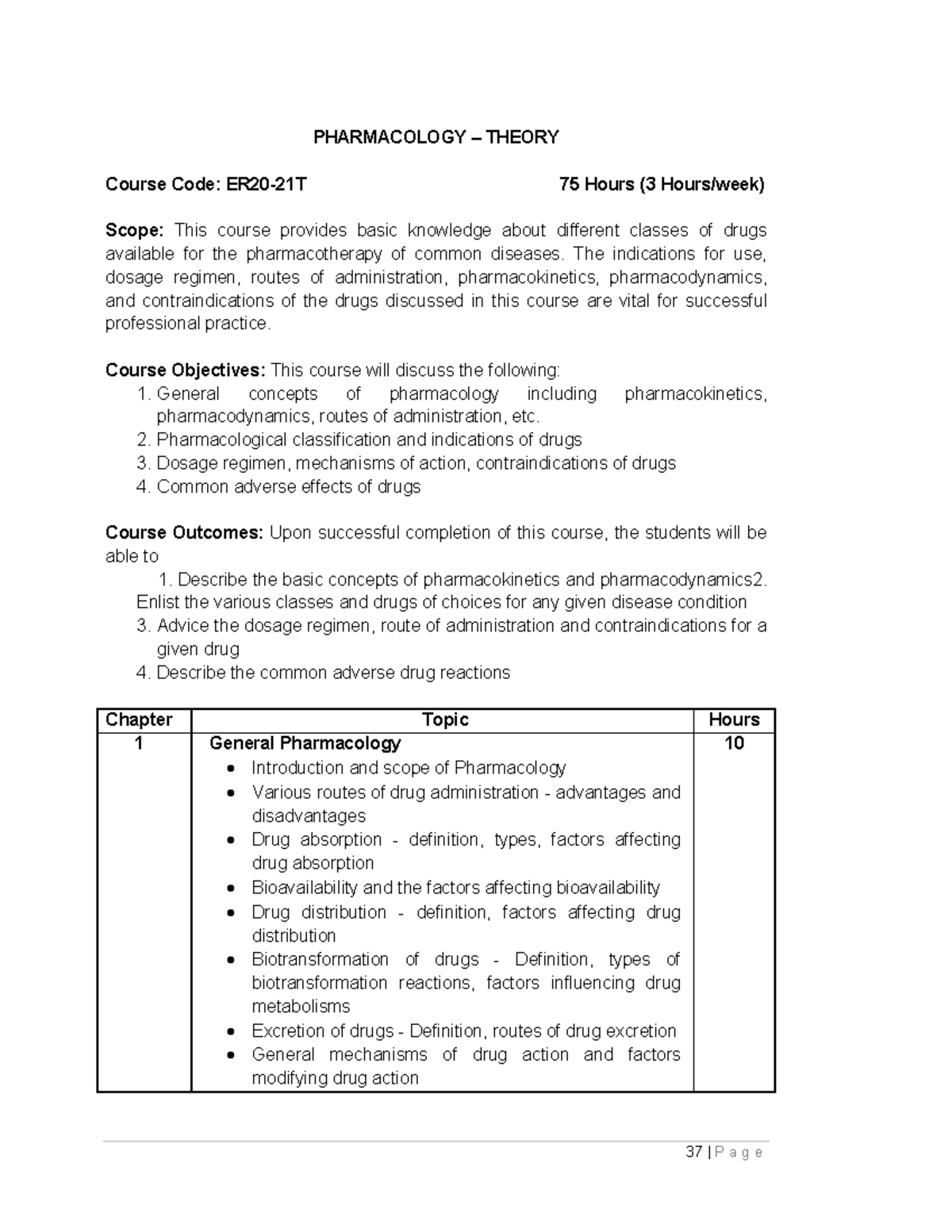 Syllabus - PHARMACOLOGY – THEORY Course Code: ER20-21T 75 Hours (3 Hours/week) Scope: This ...