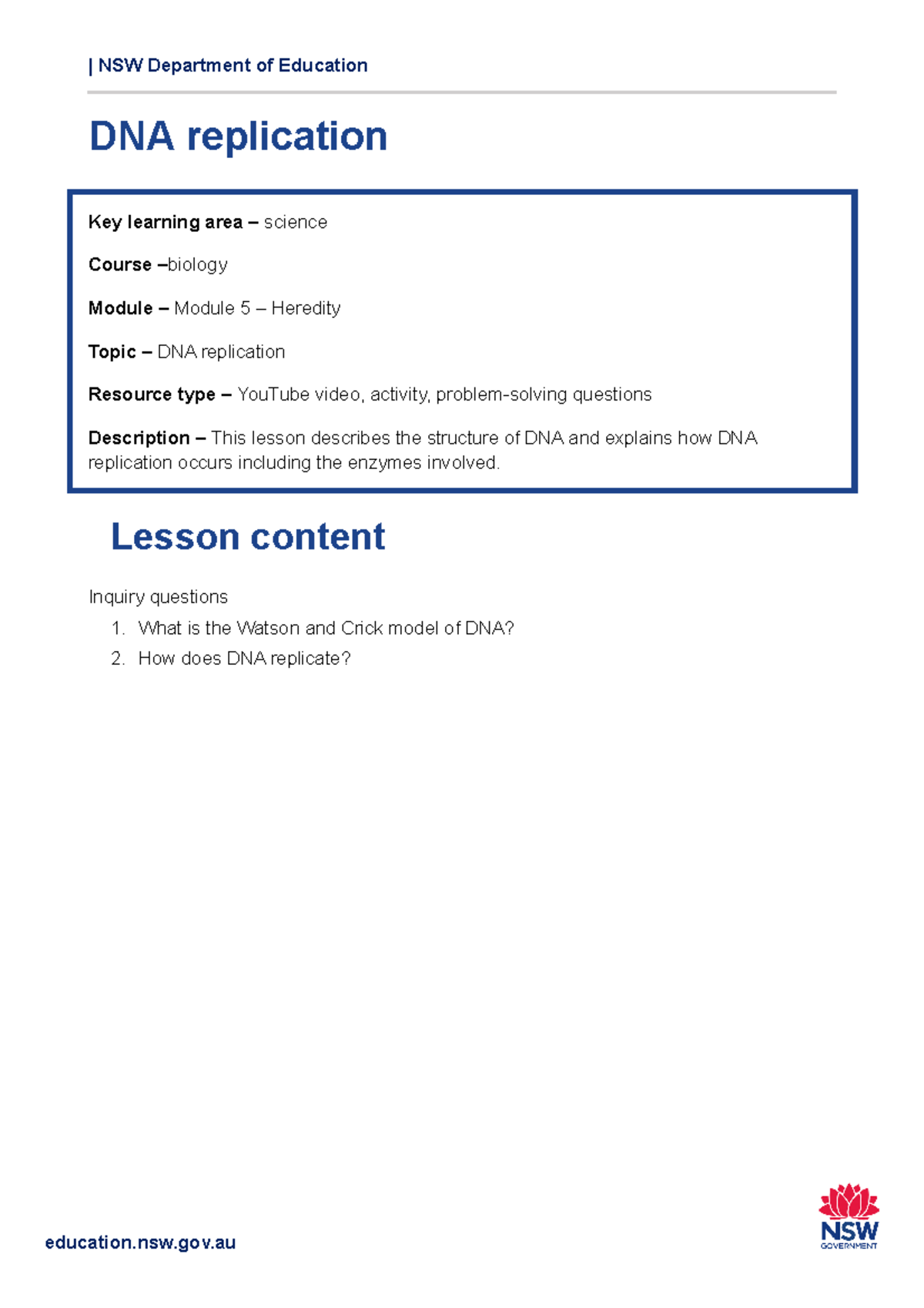 Biology module 5 DNA replication - | NSW Department of Education DNA ...