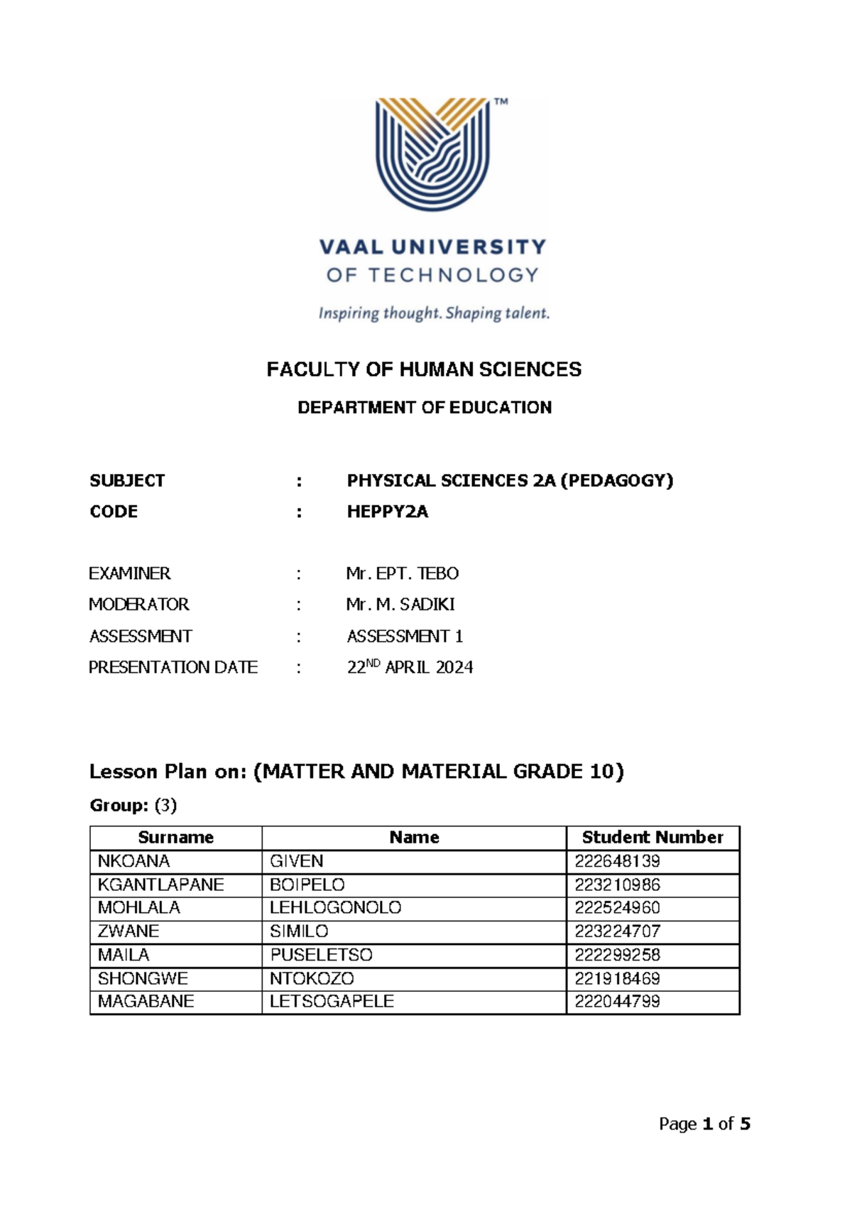 Group 3 Lesson Plan for Grade 10 Matter and Materials - FACULTY OF ...