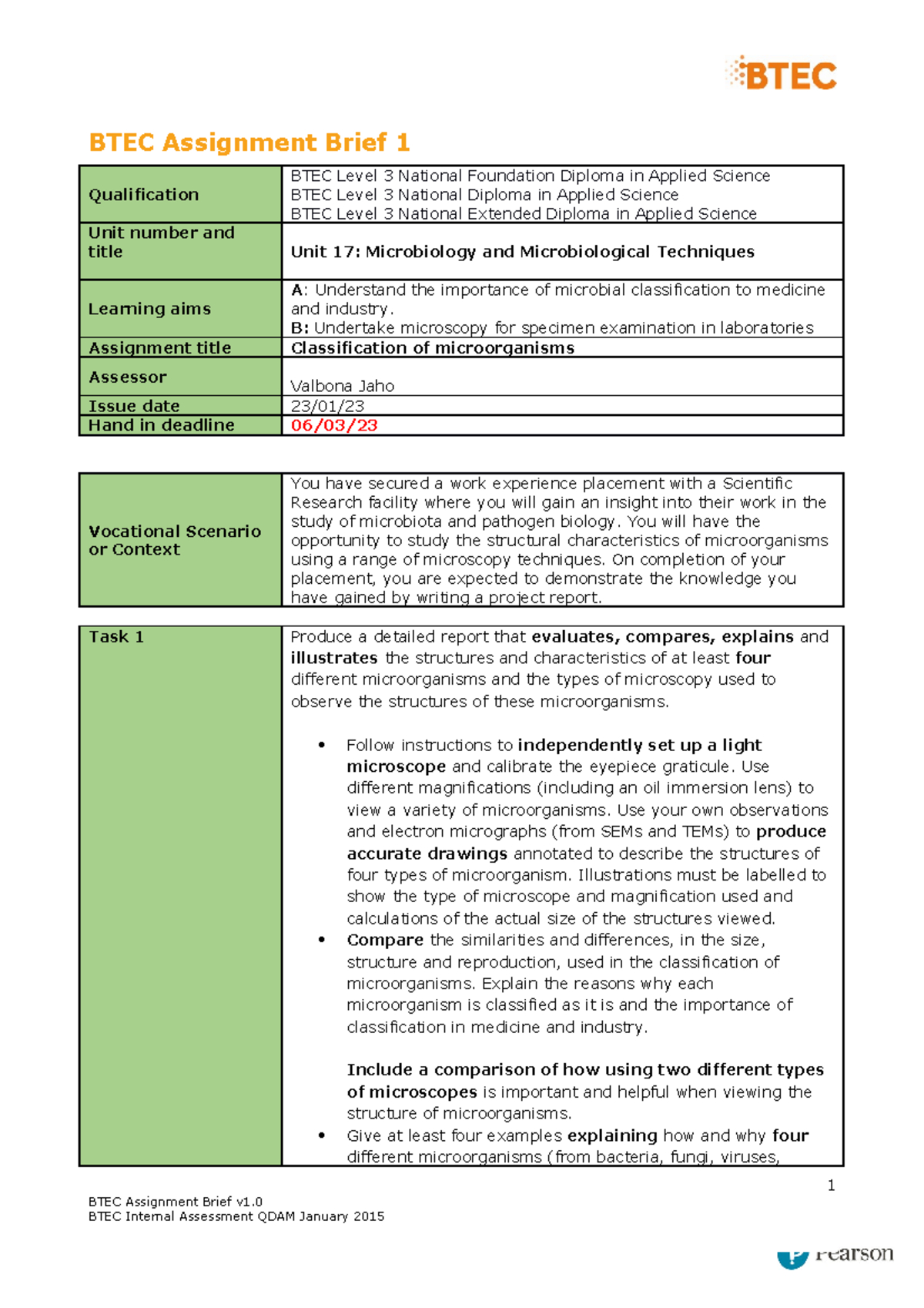Brief 1 Unit 17 - im not sure - BTEC Assignment Brief 1 Qualification ...