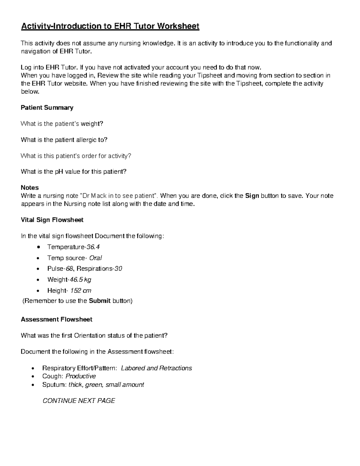 Introduction Activity Worksheet - Activity-Introduction to EHR Tutor ...