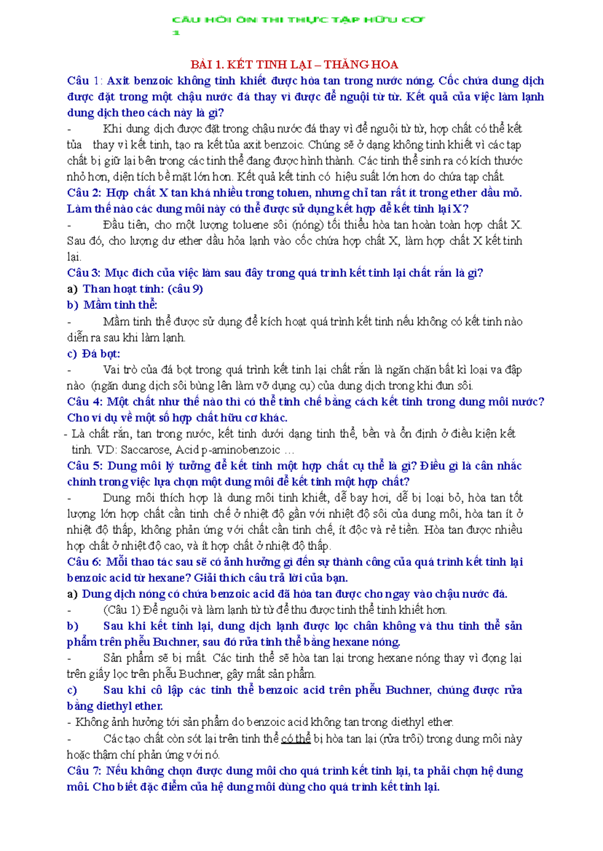 Câu hỏi ôn thi TTHC1 - kllll - BÀI 1. KẾT TINH LẠI – THĂNG HOA Câu 1 ...