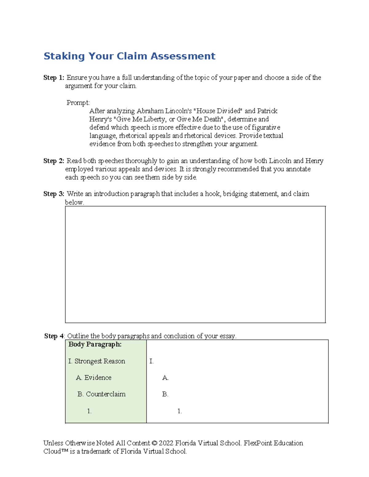 Staking your claim assess rubric - Staking Your Claim Assessment Step 1 ...