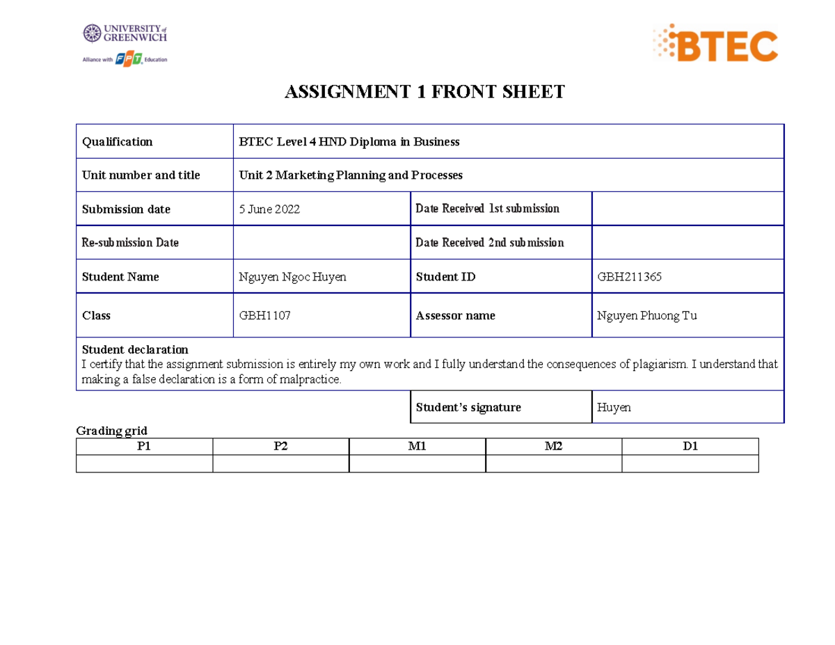 Bài tập 5033 - Assignment 1 Frontsheet - ASSIGNMENT 1 FRONT SHEET Qualification BTEC Level 4 HND ...