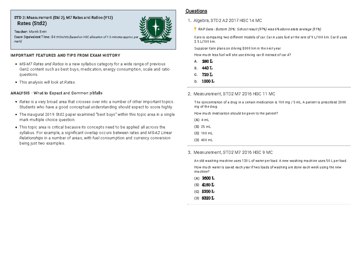 Rates (Std2) - STD 2: Measurement (Std 2), M7 Rates and Ratios (Y12 ...