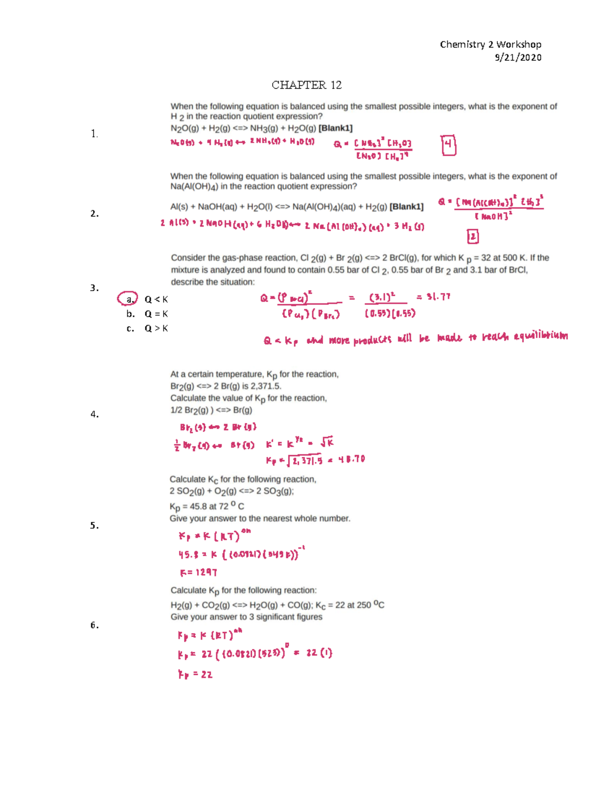 Worksheet 7 Ch 12 Key - CHEM 1302 - Chemistry 2 Workshop 9/21/ CHAPTER ...