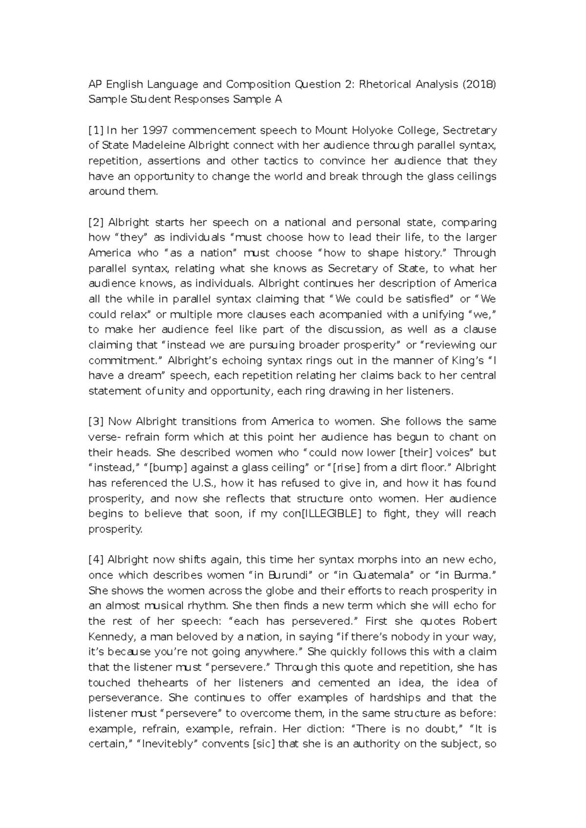 AP English Language and Composition Question 2 - [2] Albright starts ...