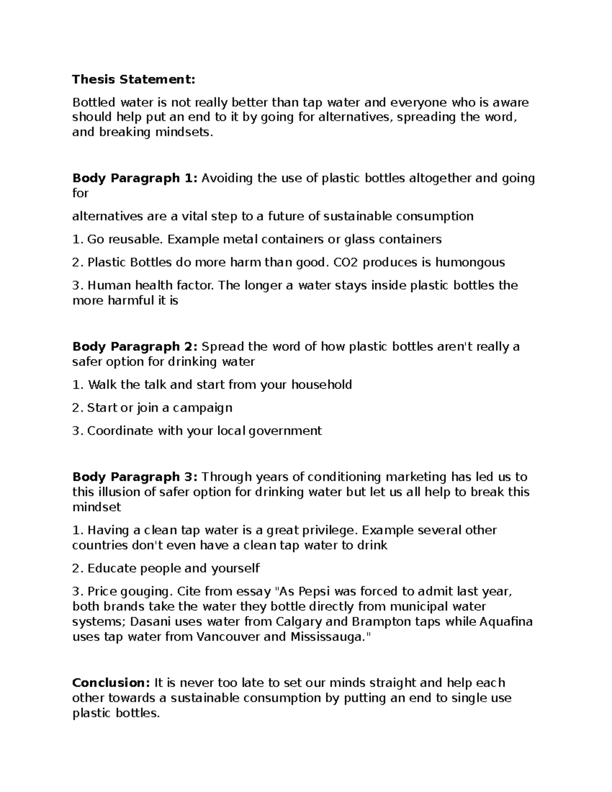 Preliminary Essay Outline Thesis Statement Bottled Water Is Not