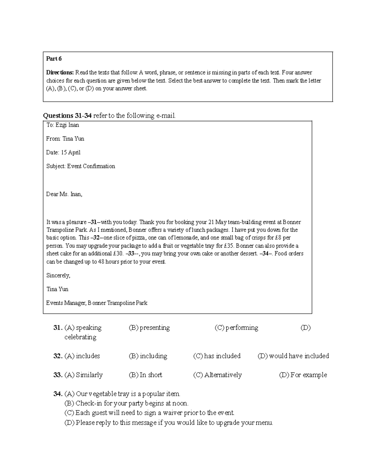 Reading PART 6 - bfghgf - Part 6 Directions: Read the texts that follow ...