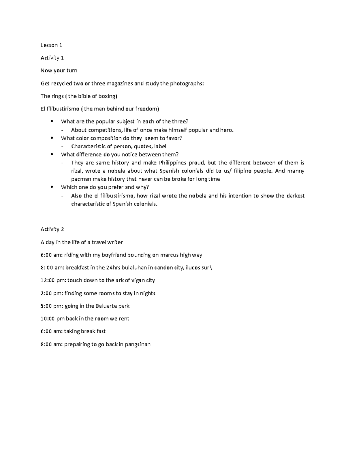 Travel writing ang photography (TMPE) - Lesson 1 Activity 1 Now your ...