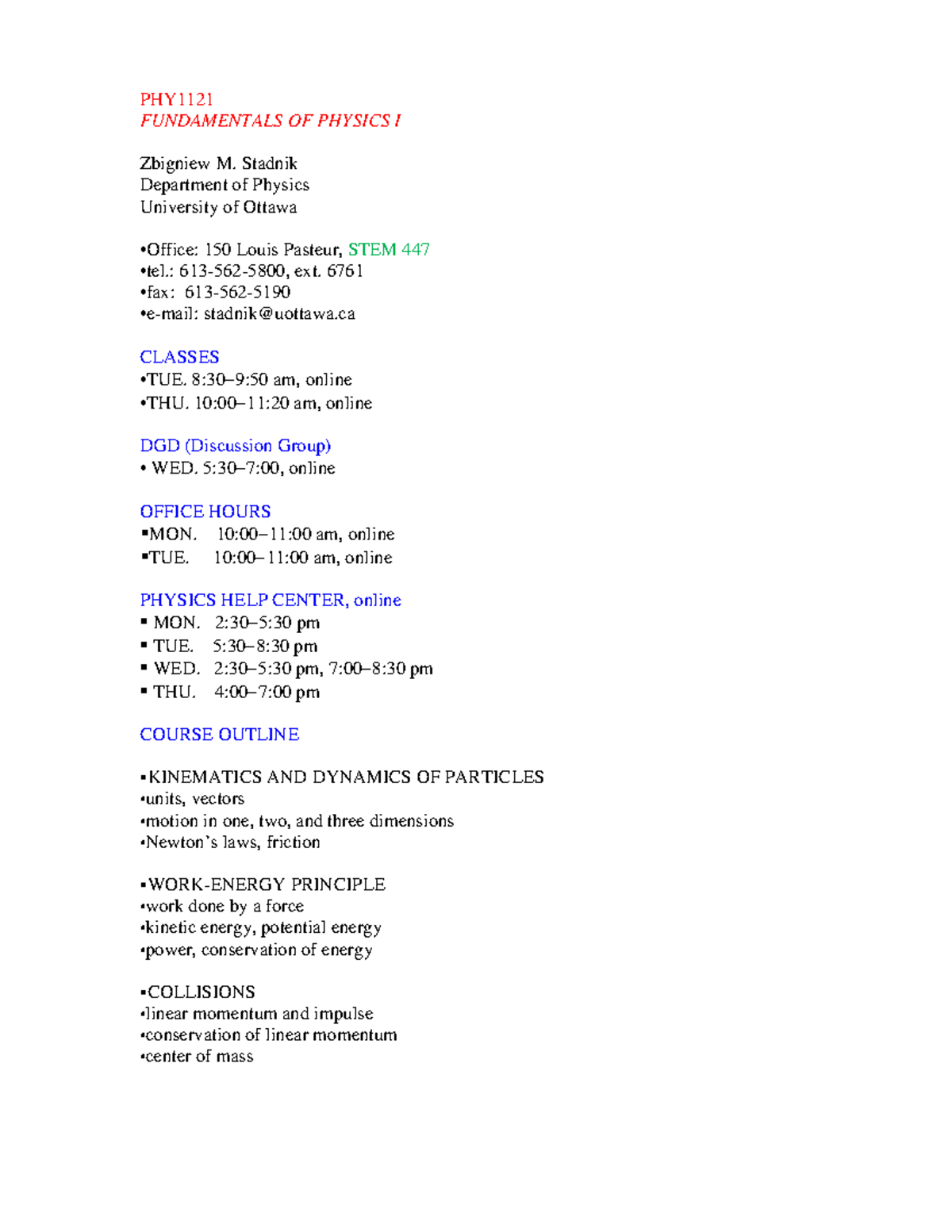 PHY1121-out-2020 - physics course outline 2020 - PHY FUNDAMENTALS OF ...