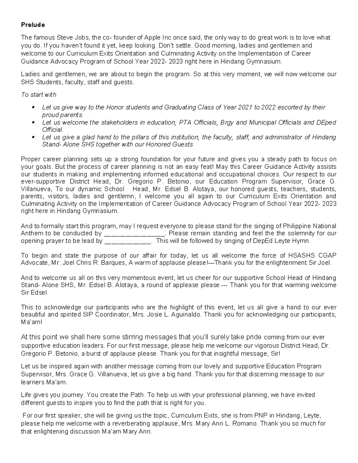 Career Guidance Script - Prelude The famous Steve Jobs, the co- founder ...