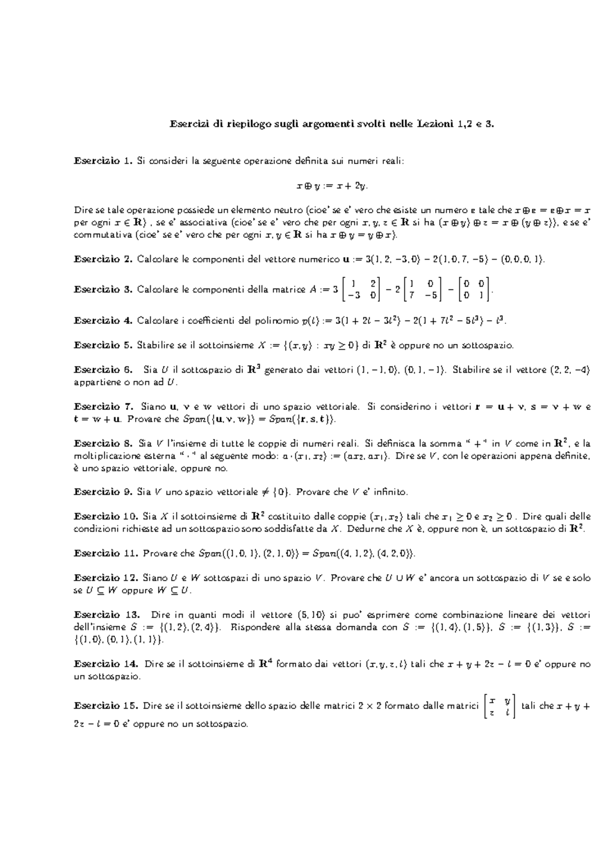 Esercizi di riepilogo sugli argomenti svolti nelle Lezioni 1,2 e 3 ...