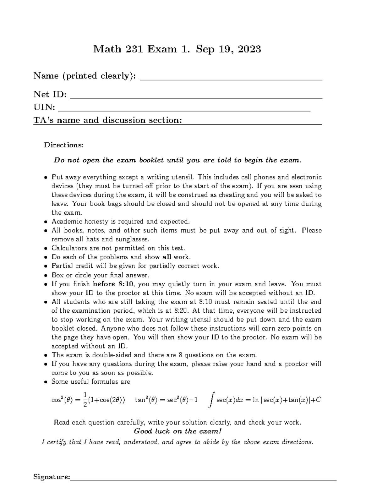 Blank Math 231 Exam 1 -Fall 23 - Math 231 Exam 1. Sep 19, 2023 Name (printed clearly): Net ID ...