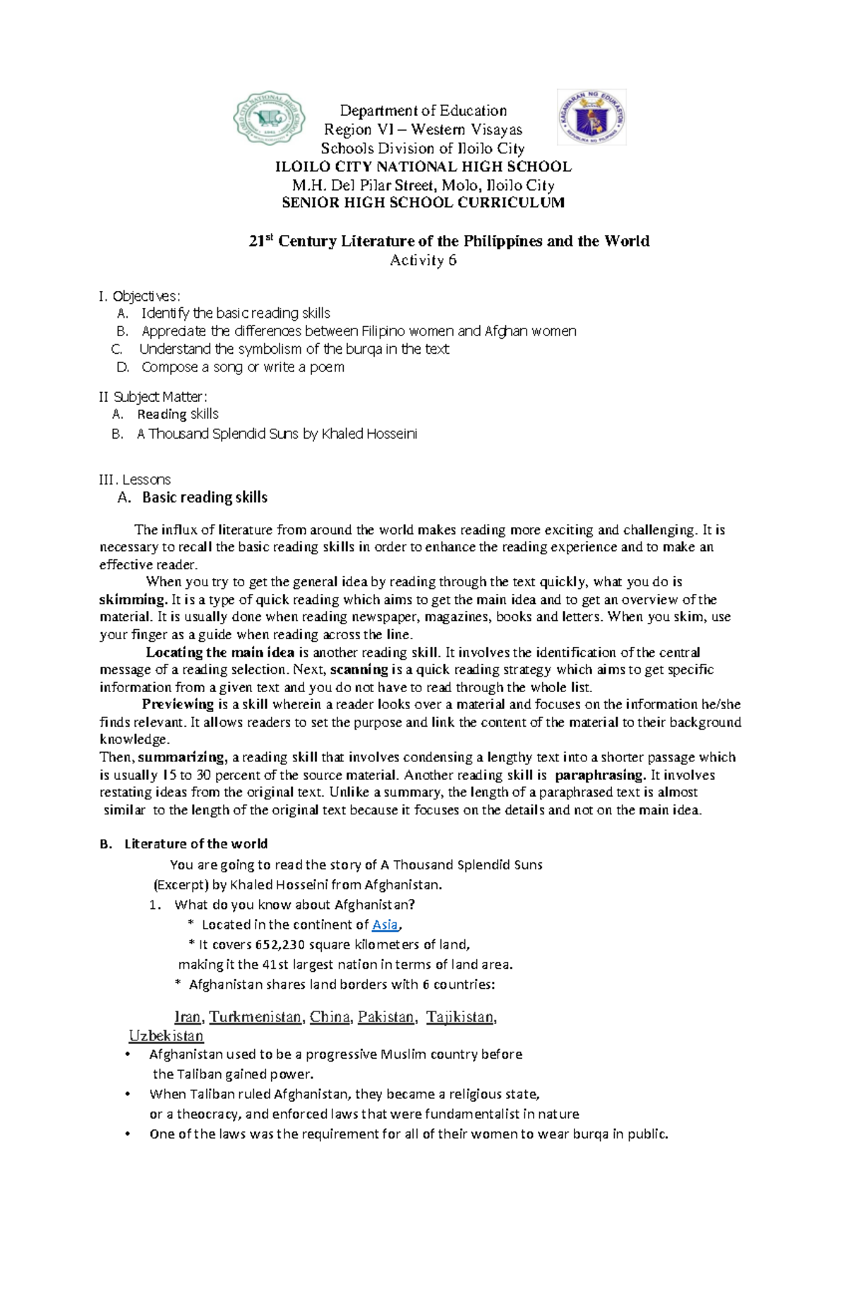 21st Cent Lit Act6 Basic Reading Skills A Thousand Spledid Suns ...