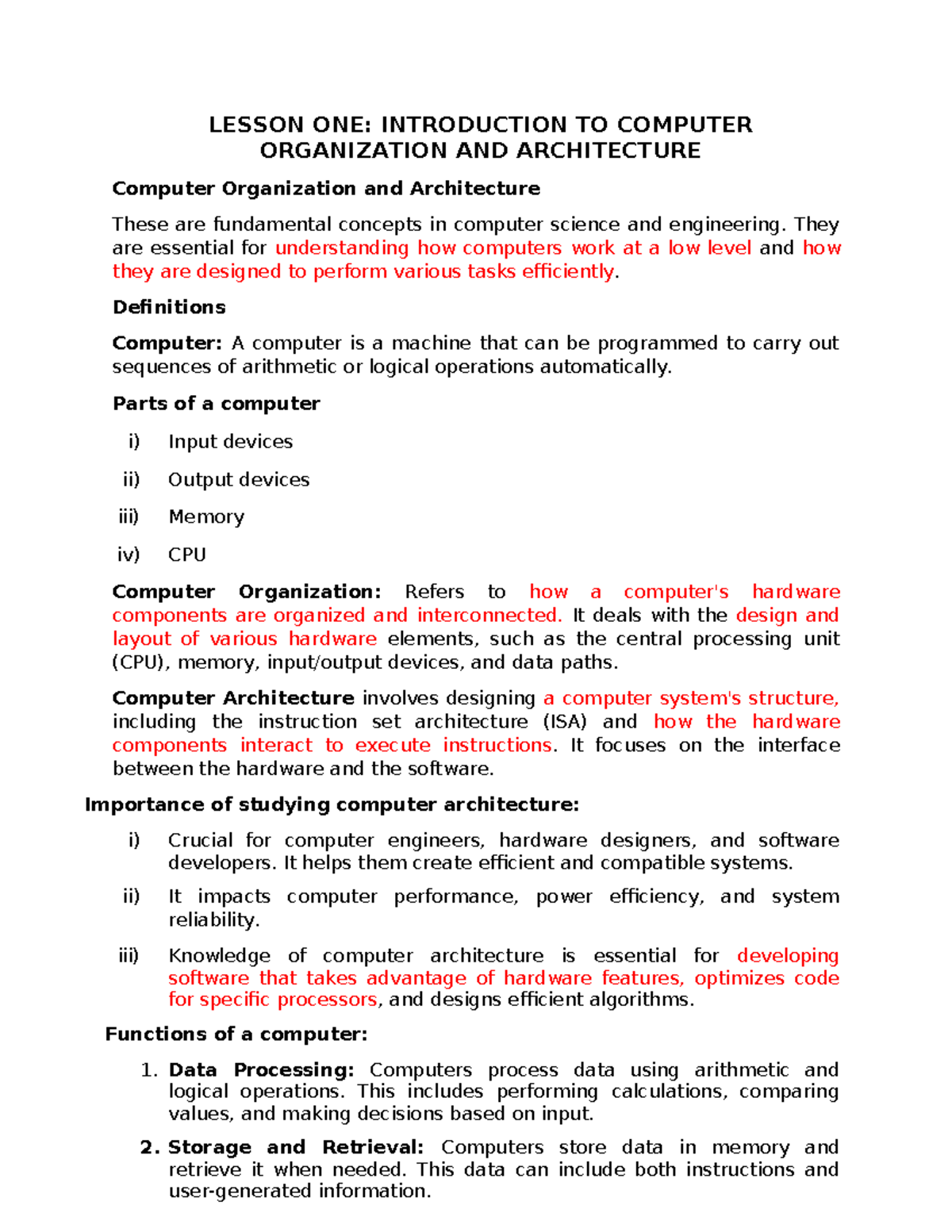 Introduction to computer organization and architecture - LESSON ONE ...