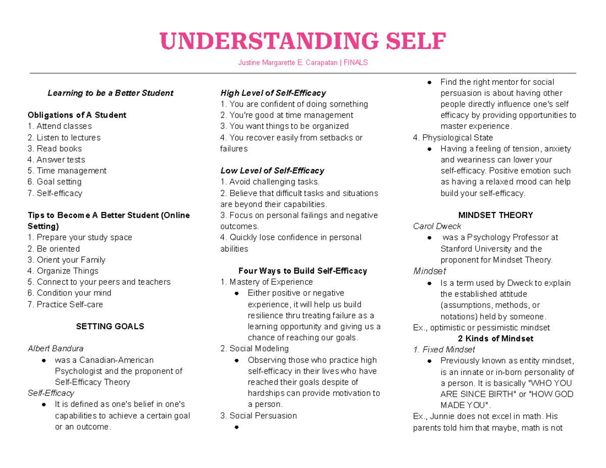 UNDS Finals - LECTURE NOTES - UNDERSTANDING SELF Justine Margarette E ...