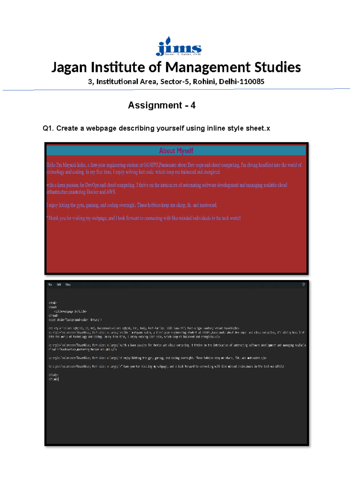 Assignment 4 by mayank - bnvmv,mb,mn,n - Jagan Institute of Management Studies 3, Institutional ...