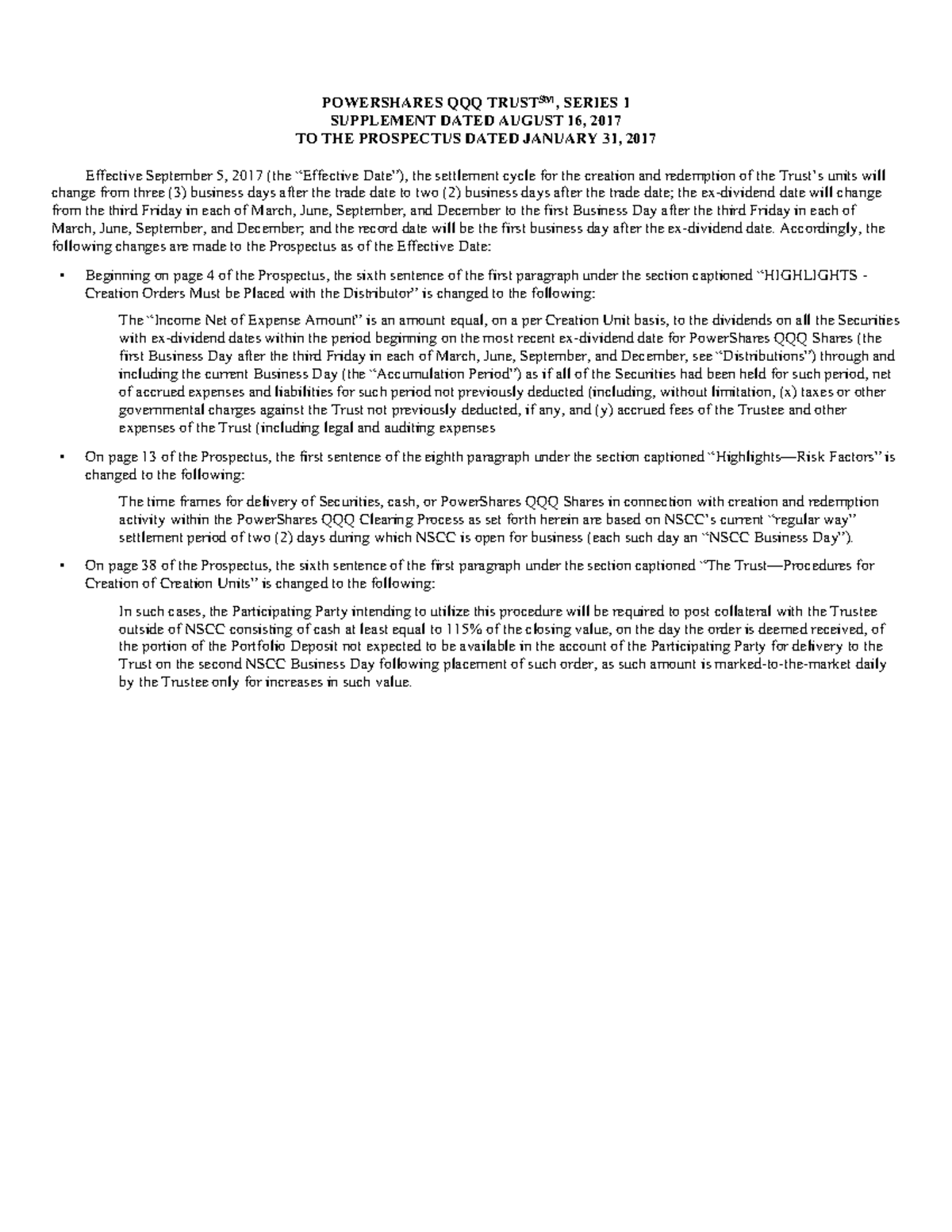 QQQ prospectus Jan2017 - POWERSHARES QQQ TRUSTSM, SERIES 1 SUPPLEMENT ...