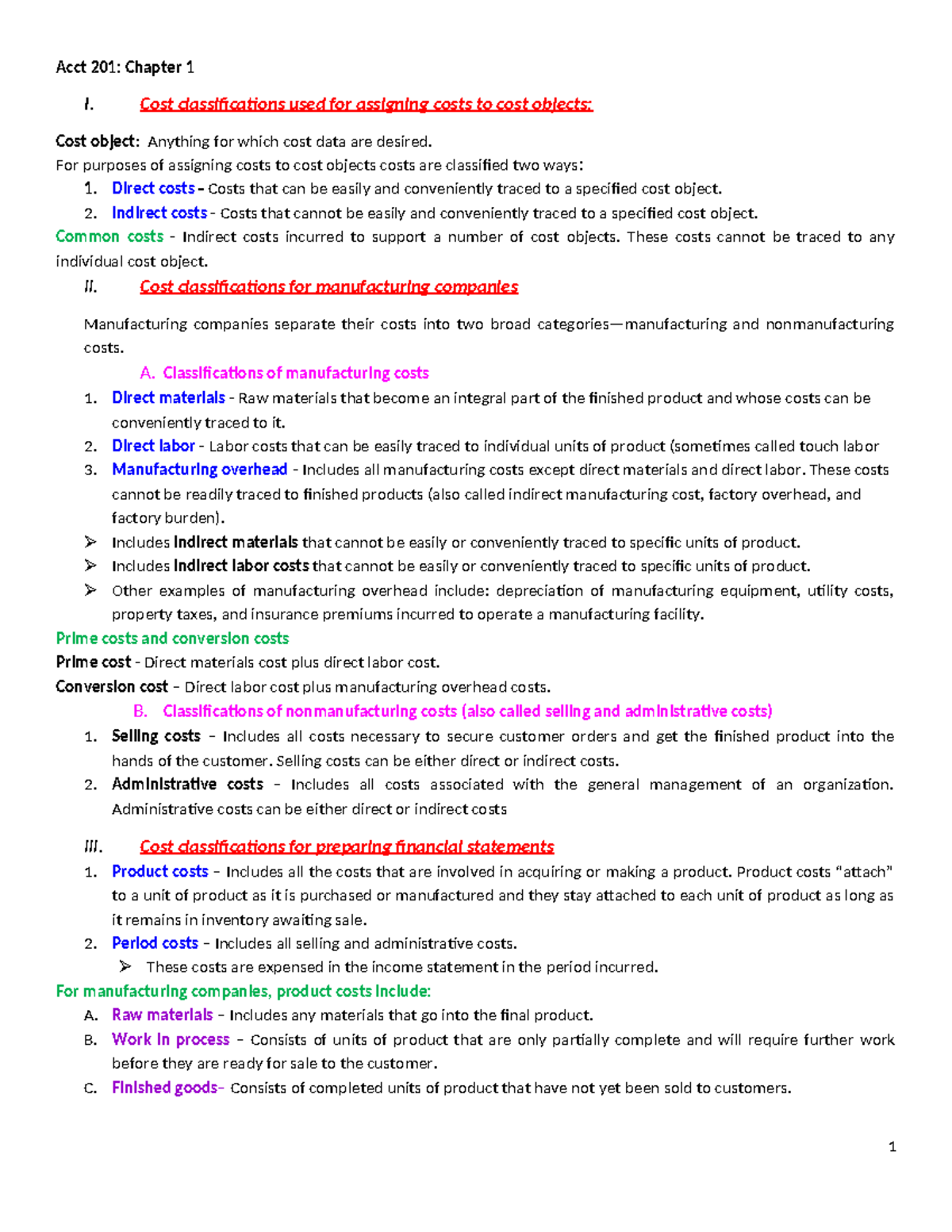 Acct 201 Chapter 1 handout - Acct 201: Chapter 1 I. Cost ...