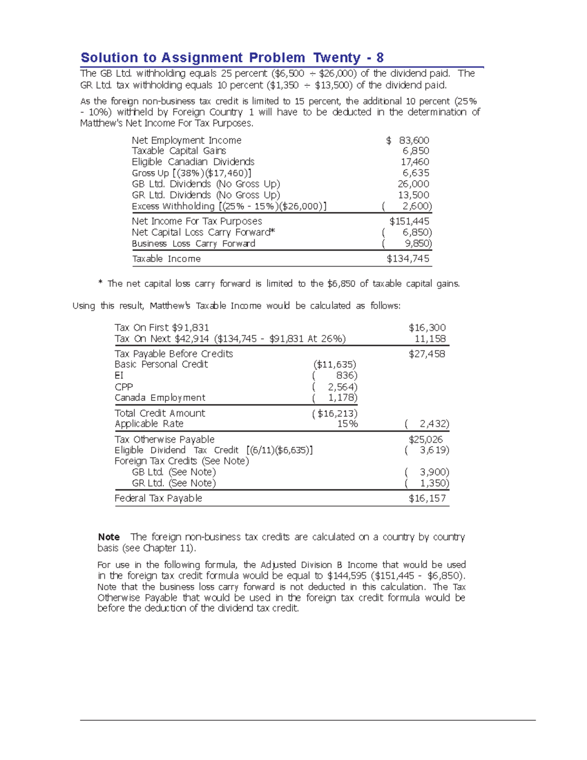Solution To Assignment Problem Twenty 8 Withholding Equals 25