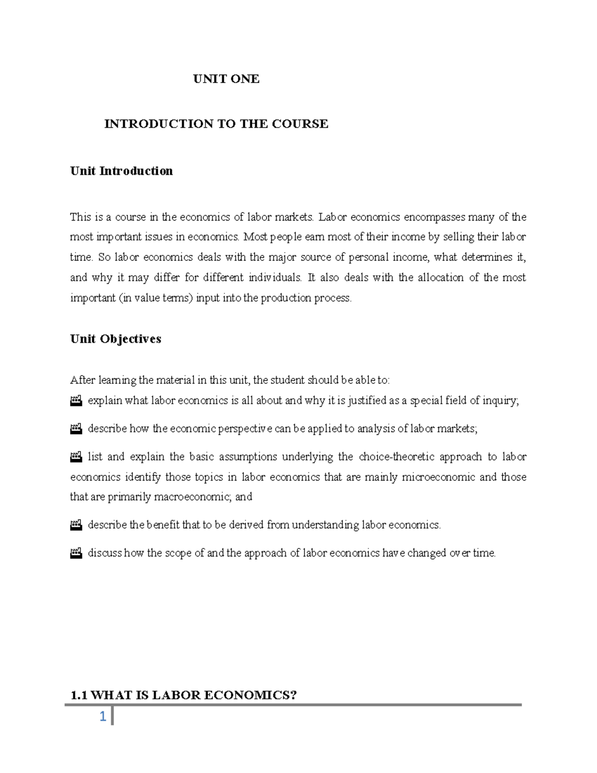 Labor economics R#PDF - Lecture notes - UNIT ONE INTRODUCTION TO THE ...
