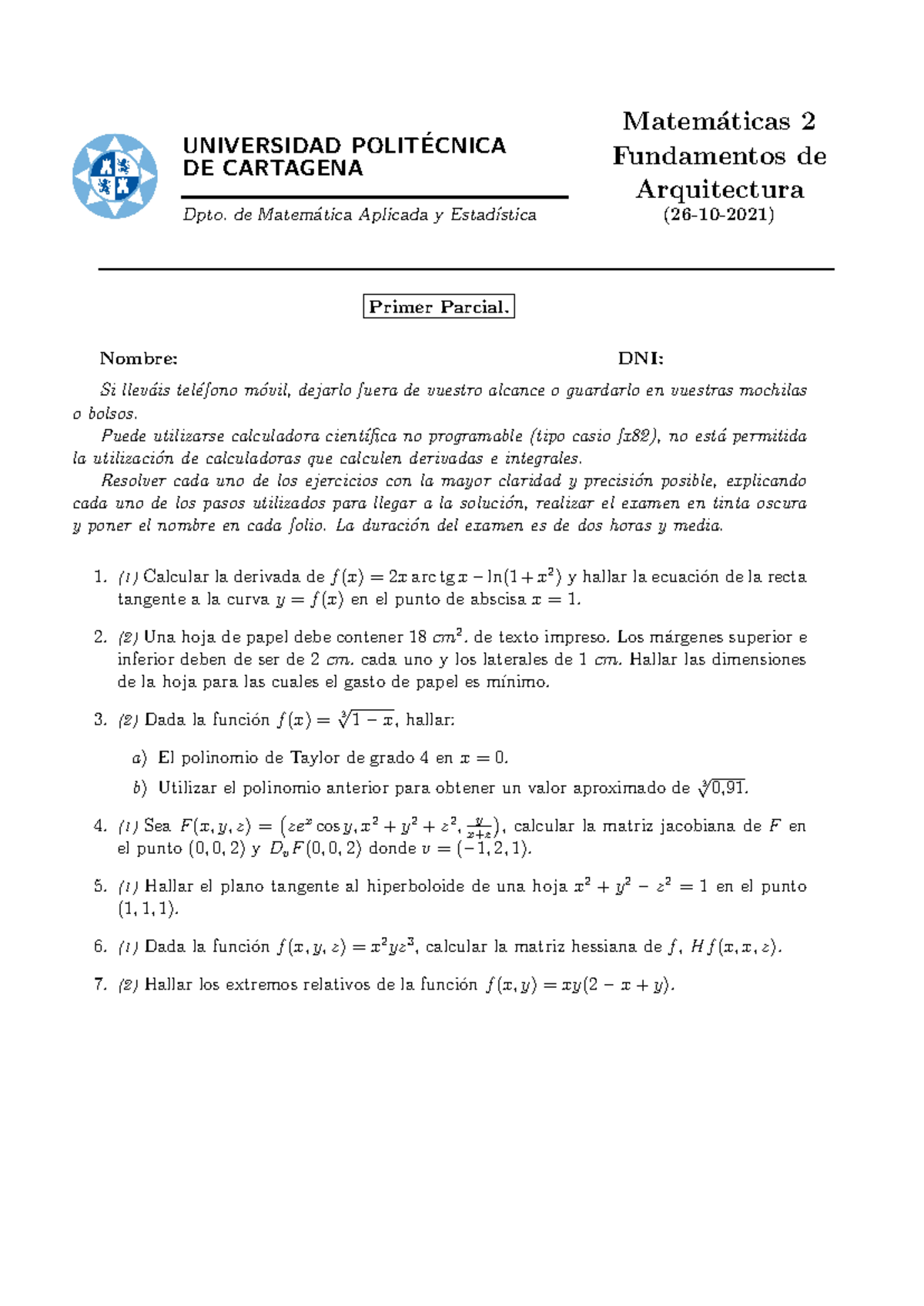 Sol primer parcial - UNIVERSIDAD POLIT ́ECNICA DE CARTAGENA Dpto. de ...