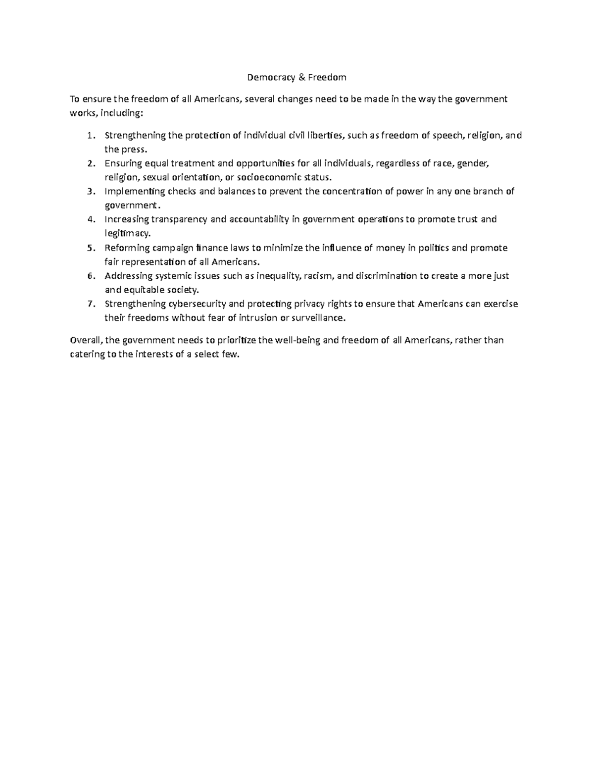 Democracy and Freedom Assignment - Democracy & Freedom To ensure the ...
