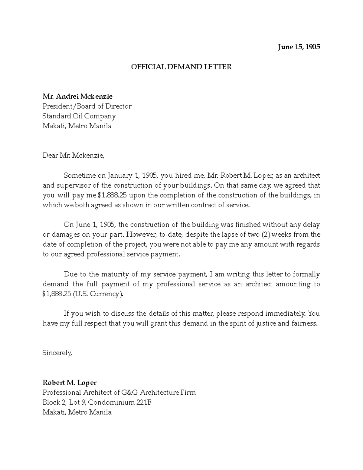 Official Demand Letter - June 15, 1905 OFFICIAL DEMAND LETTER Mr ...