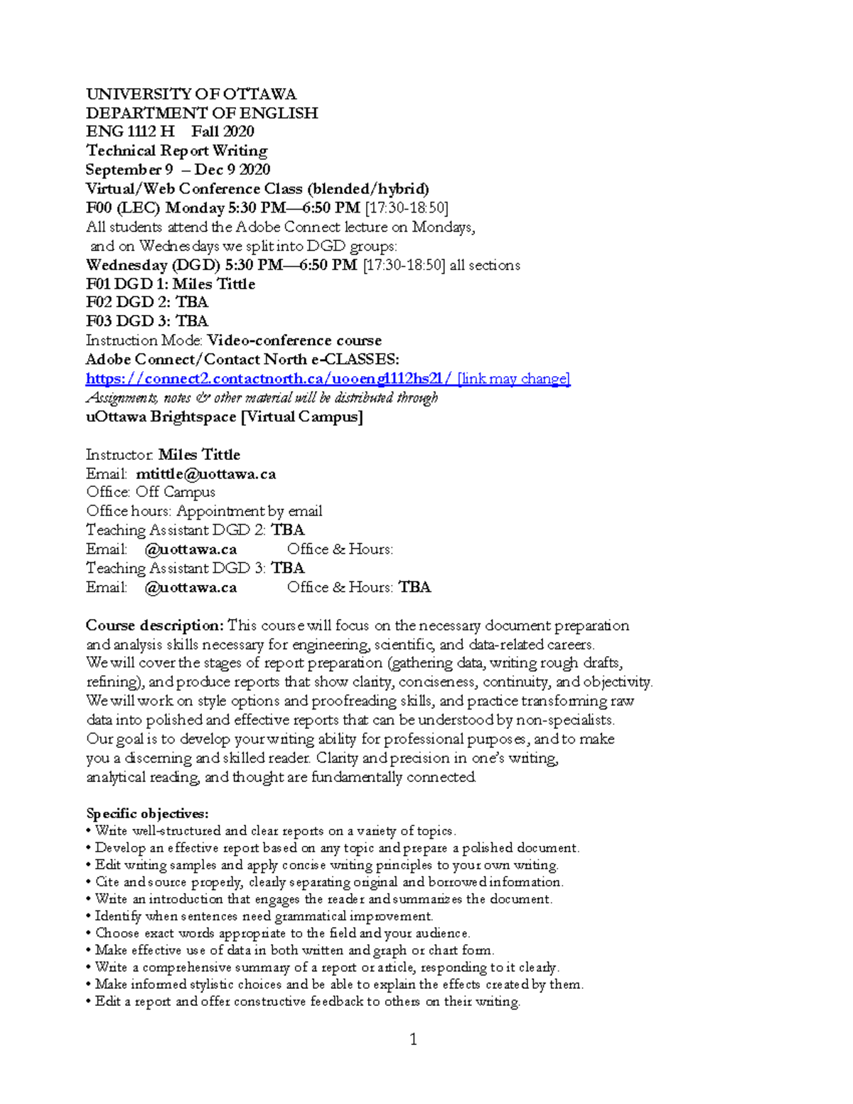 ENG1112-H Outline Fall 2020 Miles Tittle - UNIVERSITY OF OTTAWA ...