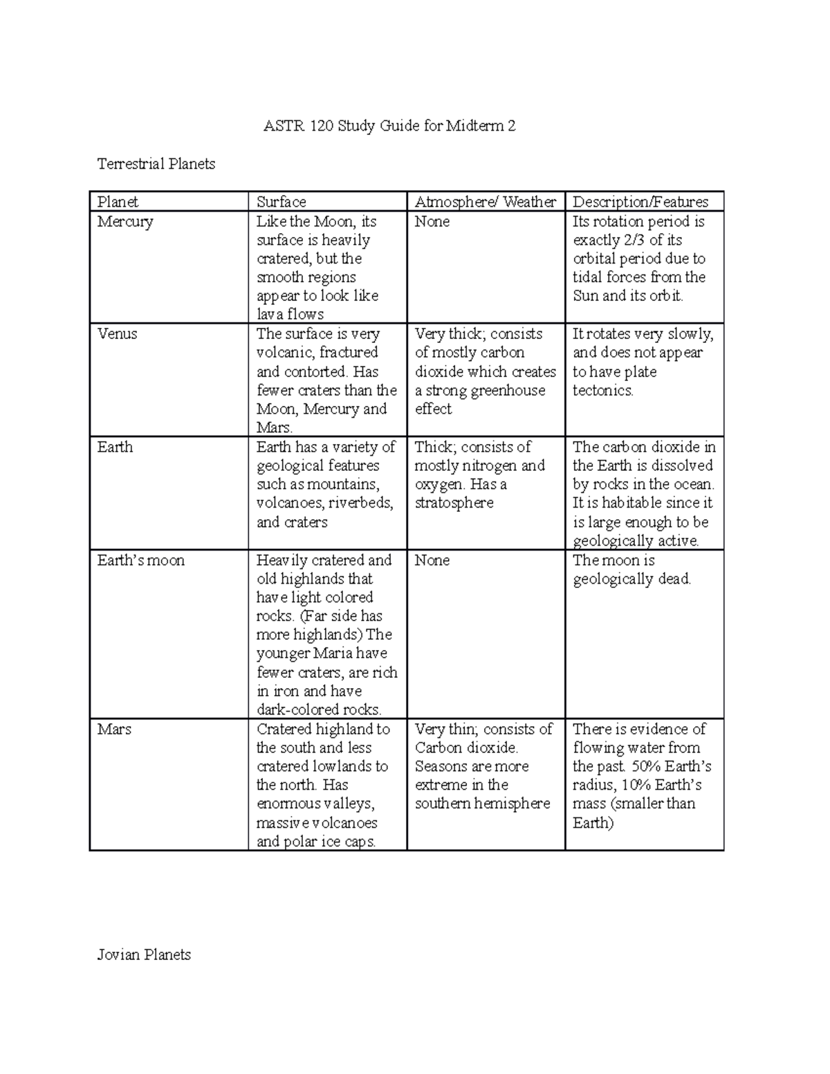 ASTR 120 Study Guide #2: The planets of our Solar System - ASTR 120 ...