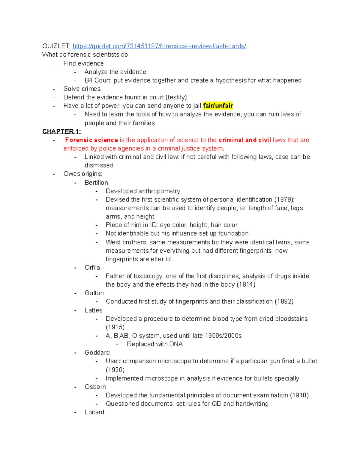 Intro to Forensic Science I Before Midterm - QUIZLET: - Studocu