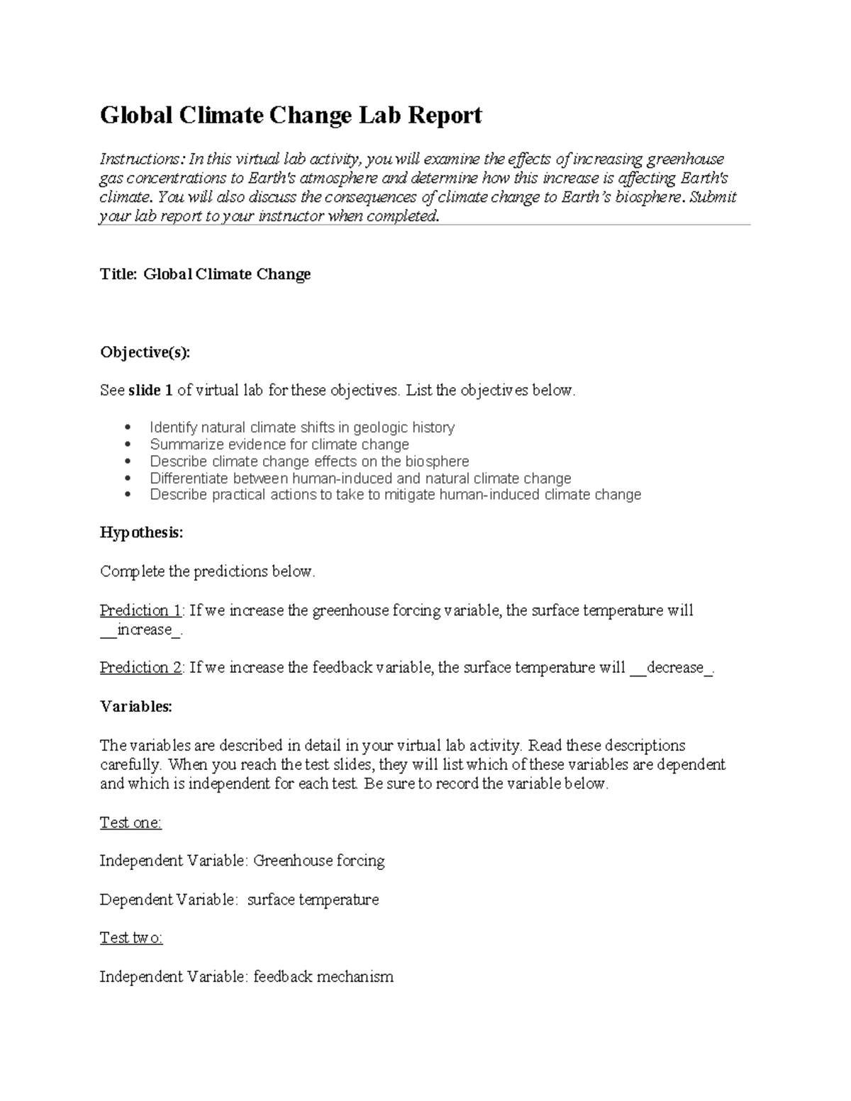 Global climate change lab report - Global Climate Change Lab Report ...