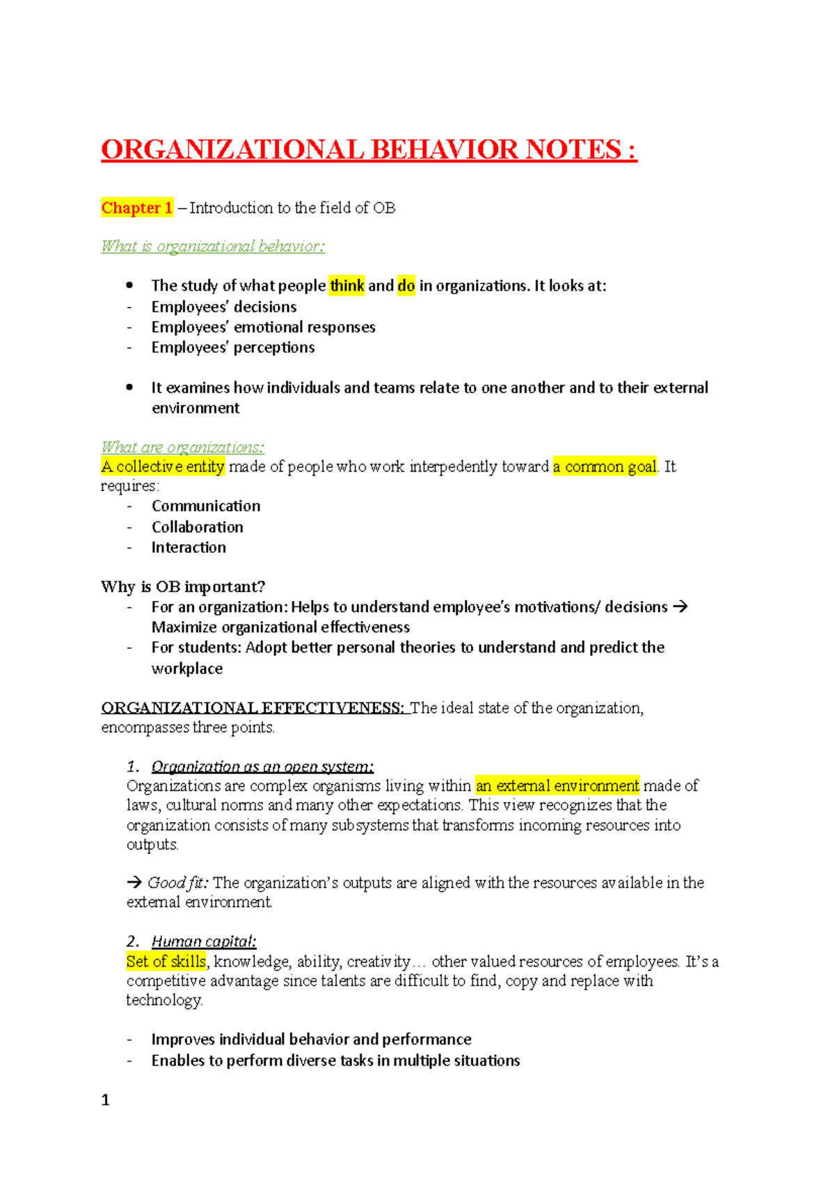 Organizational Behavior Notes - ORGANIZATIONAL BEHAVIOR NOTES : Chapter ...