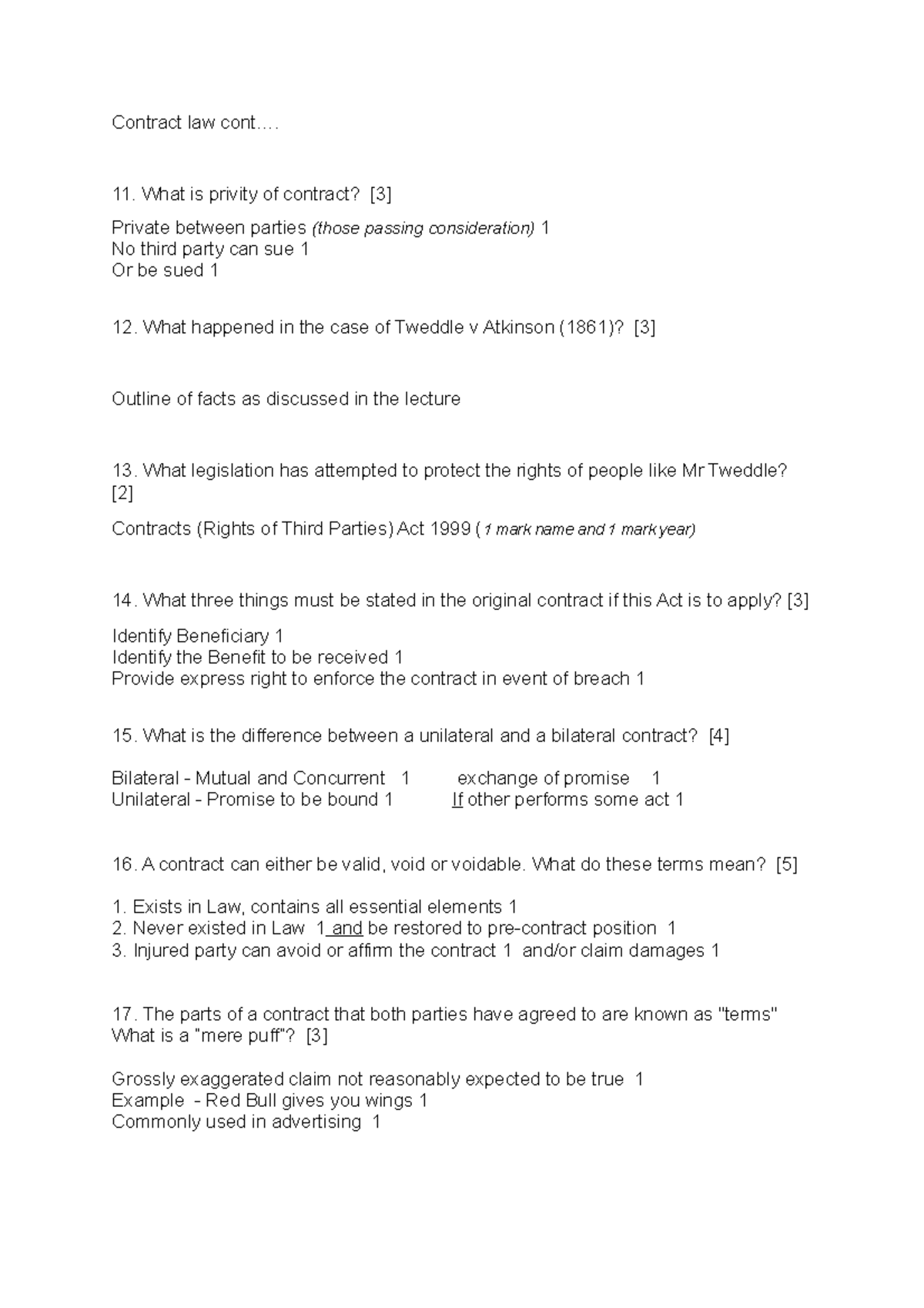 Sample/practice exam 2018, questions and answers - Contract law cont ...