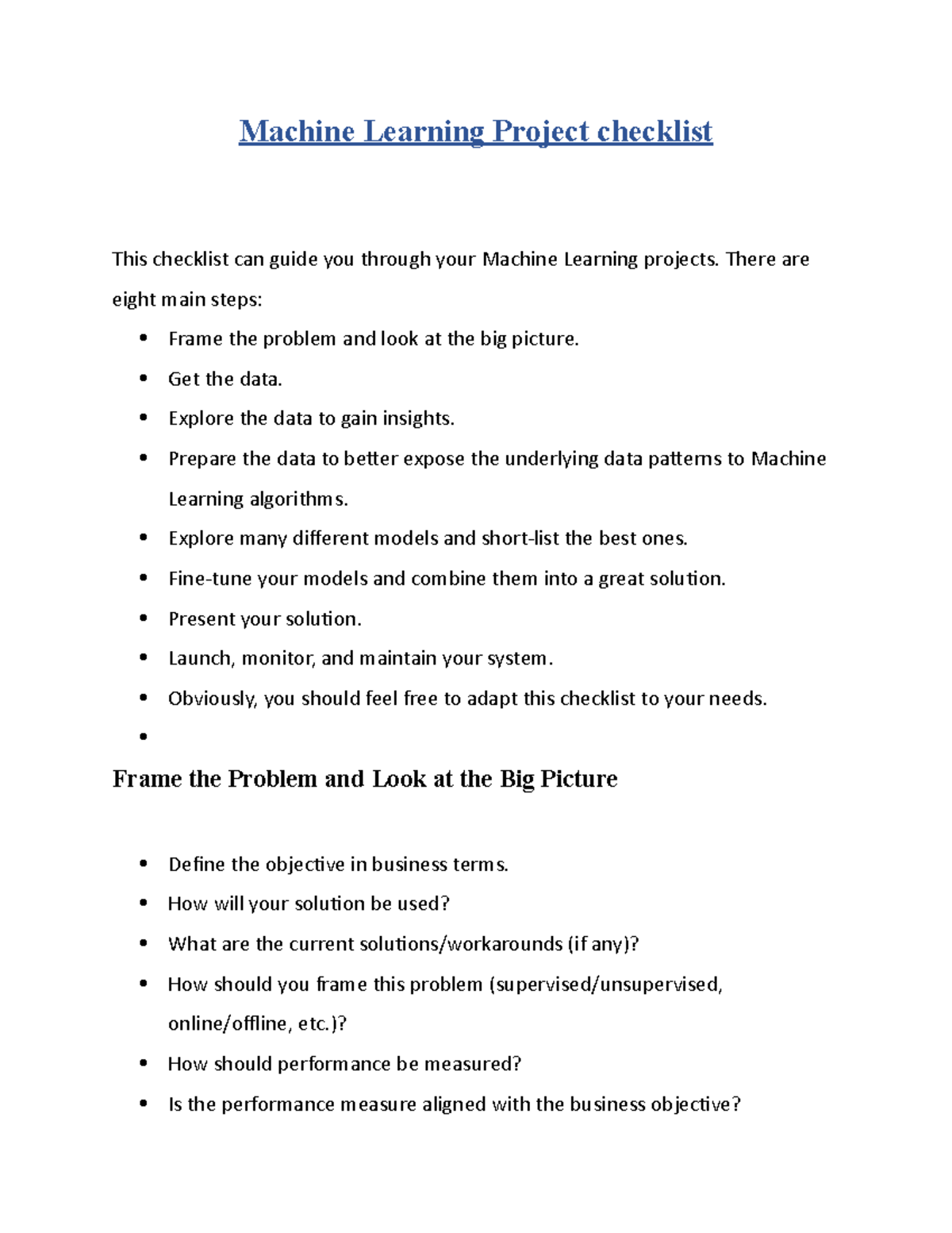 Machine Learning Project checklist - There are eight main steps: Frame ...