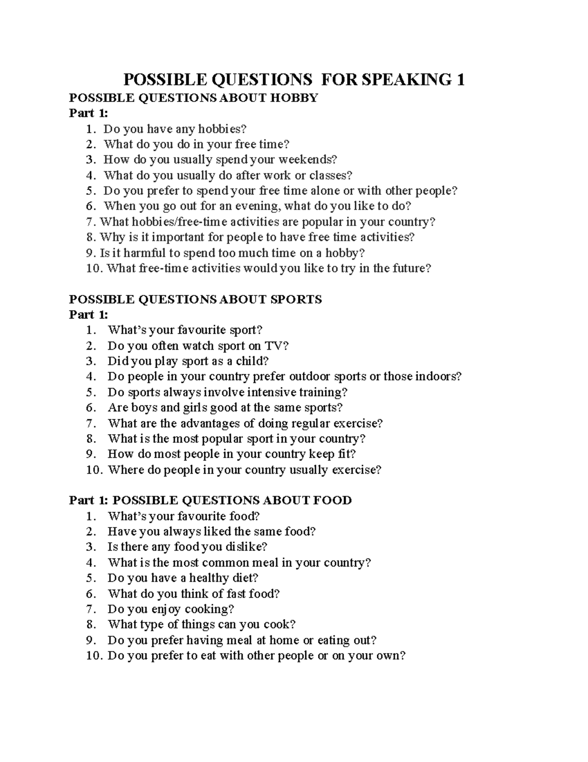 Possible Questions FOR Speaking 1 - POSSIBLE QUESTIONS FOR SPEAKING 1 ...