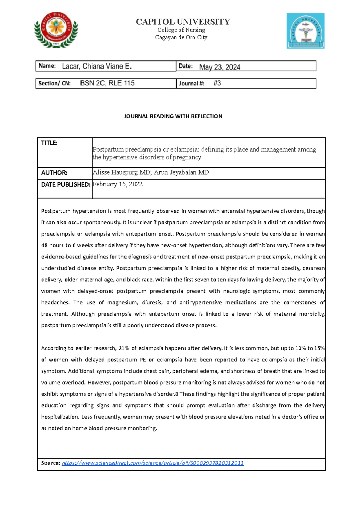 Journal AND Reflection Format RLE - CAPITOL UNIVERSITY College of ...