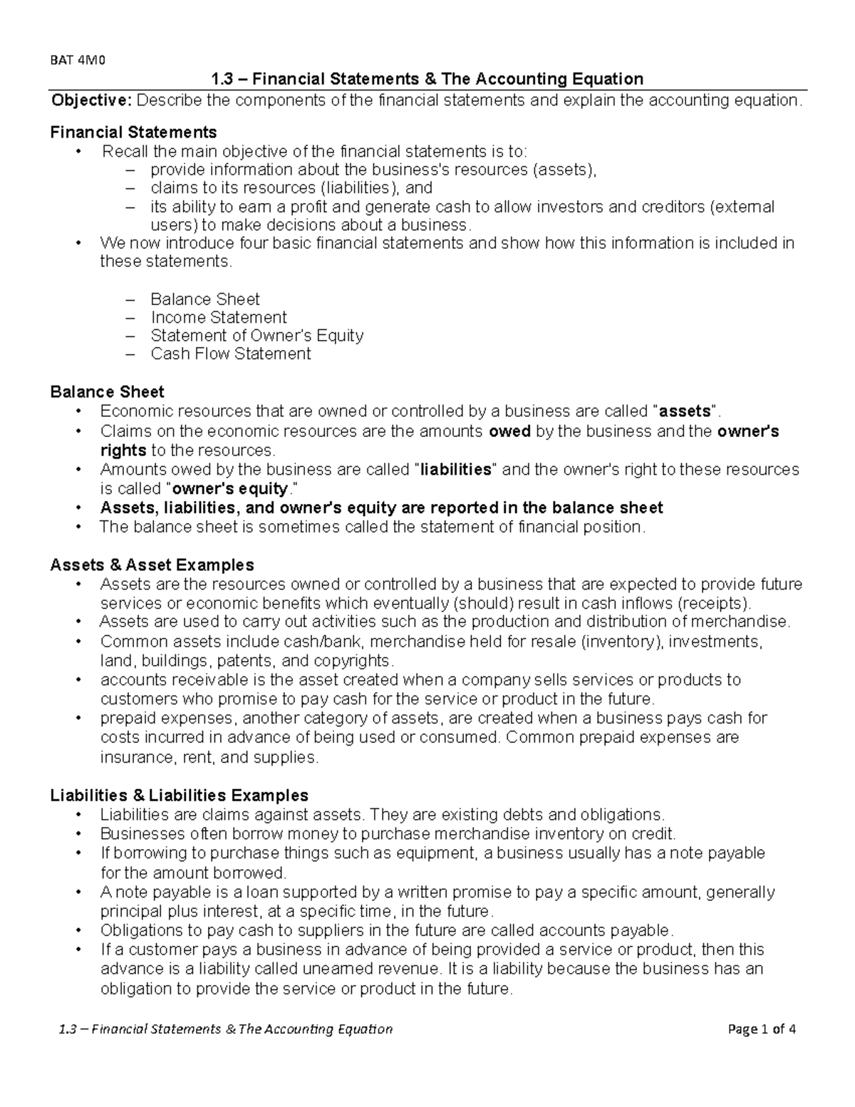 Chapter 1.3 F-S & Accounting Equation Notes - BAT 4M 1 – Financial ...