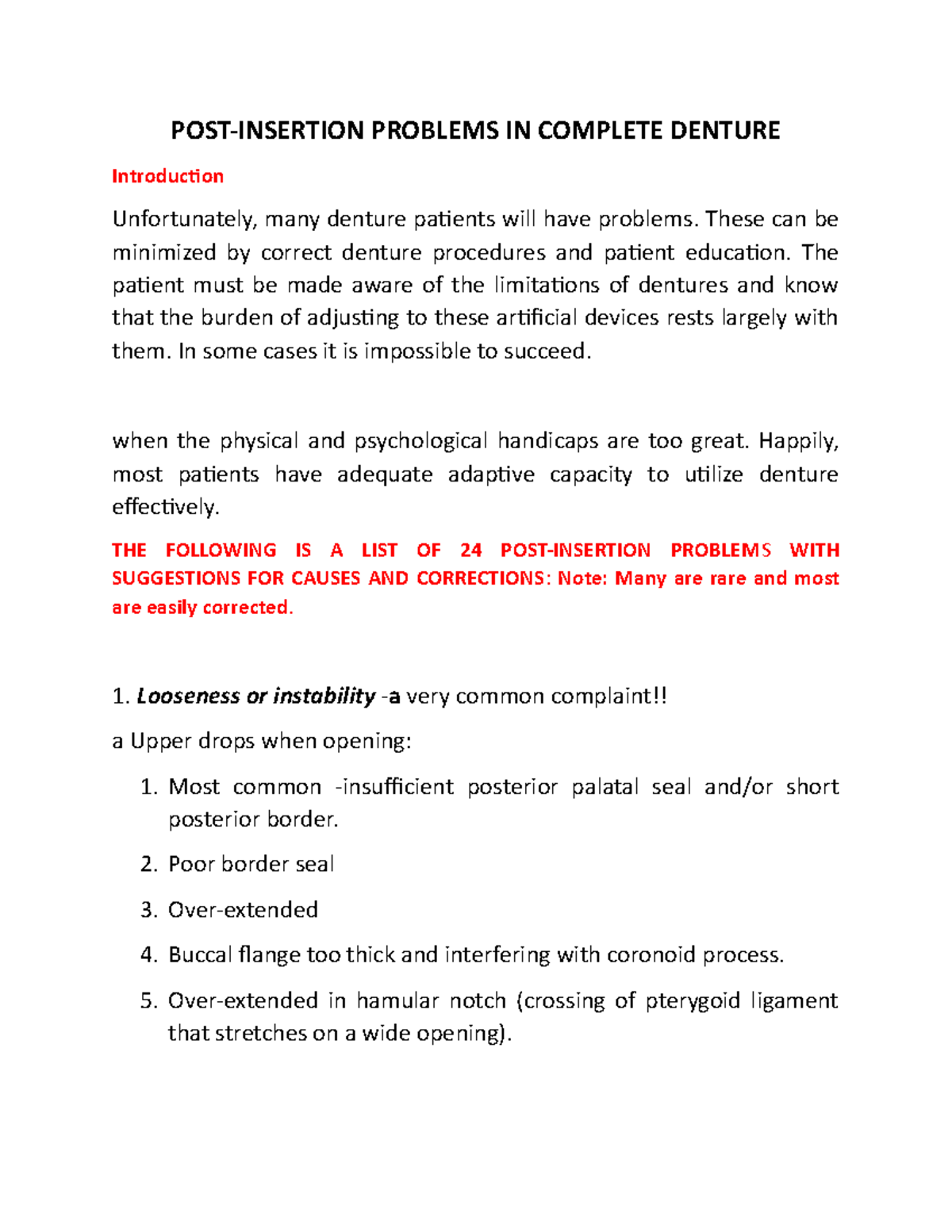 POST insertion problems in complete denture - POST-INSERTION PROBLEMS ...