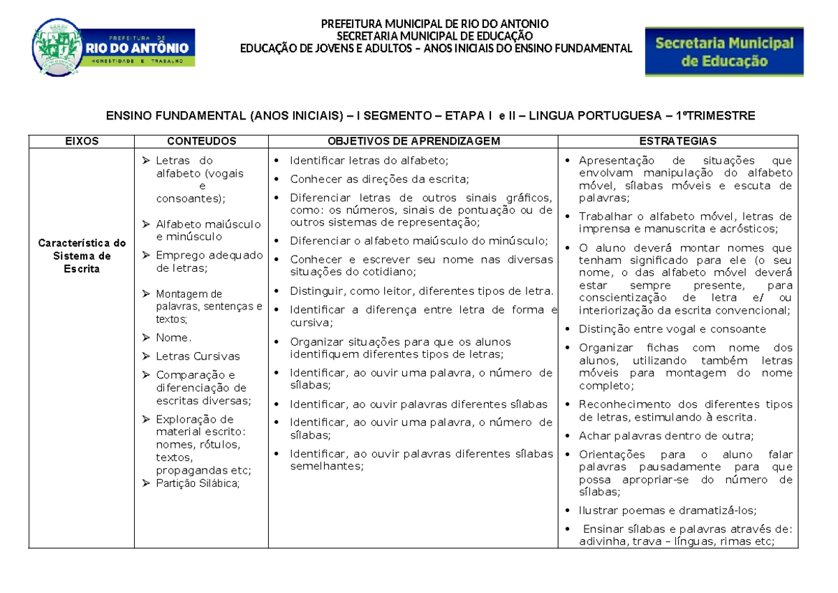 Plano DE Curso EJA 1º e 2º 3º ANO - PREFEITURA MUNICIPAL DE RIO DO ...