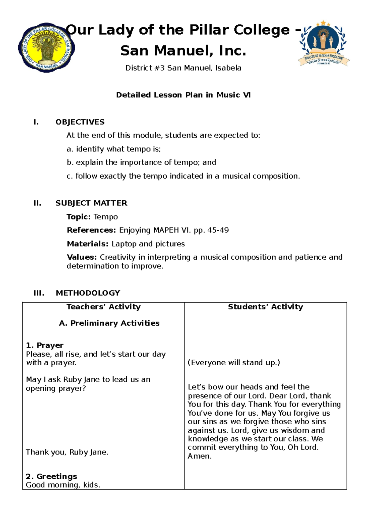 Lesson Plan SP6A Music - Our Lady of the Pillar College – San Manuel ...
