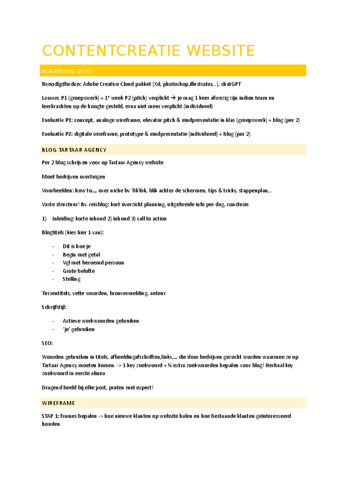 Notities les - CONTENTCREATIE WEBSITE ALGEMENE INFO Benodigdheden: Adobe Creative Cloud pakket ...