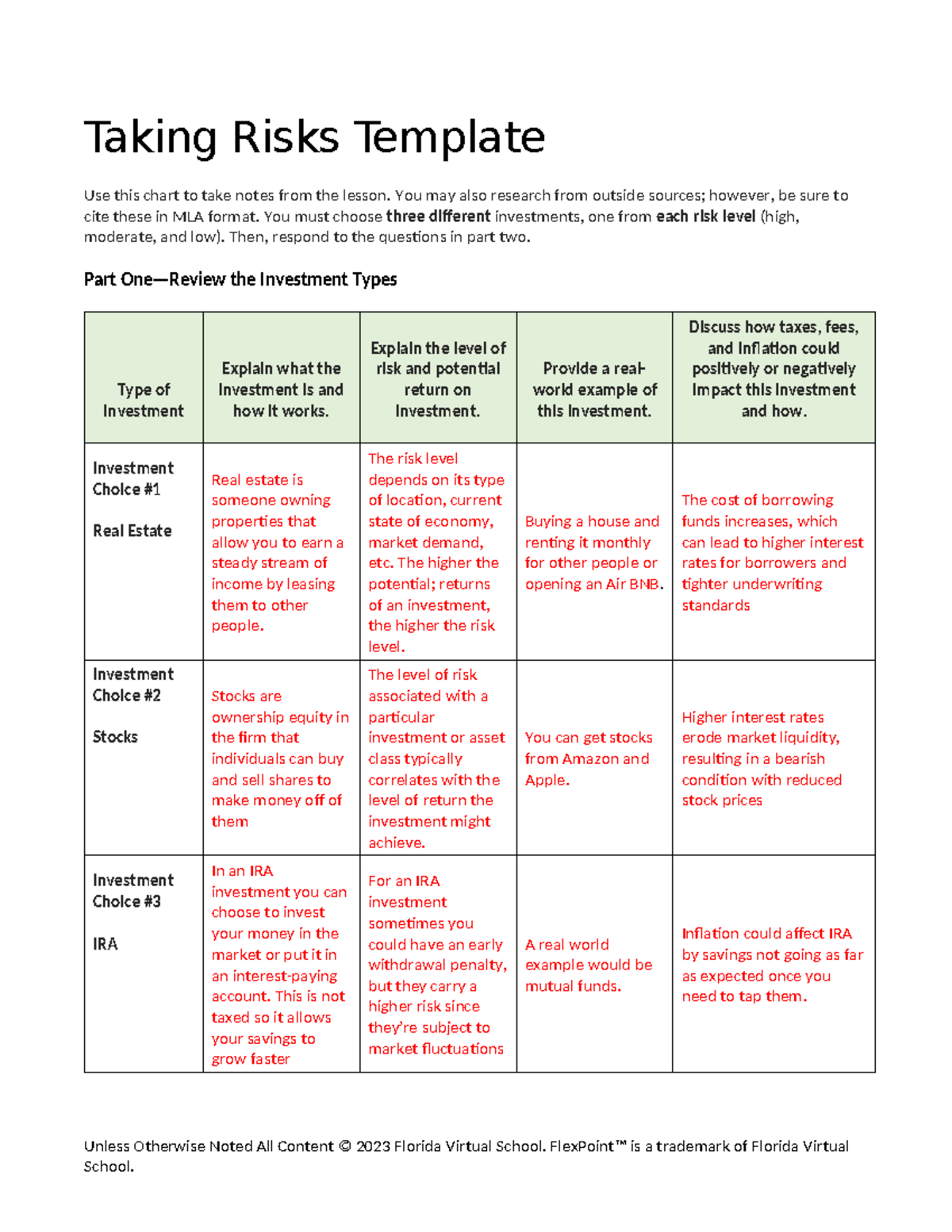 Taking risks - flvs - Taking Risks Template Use this chart to take ...