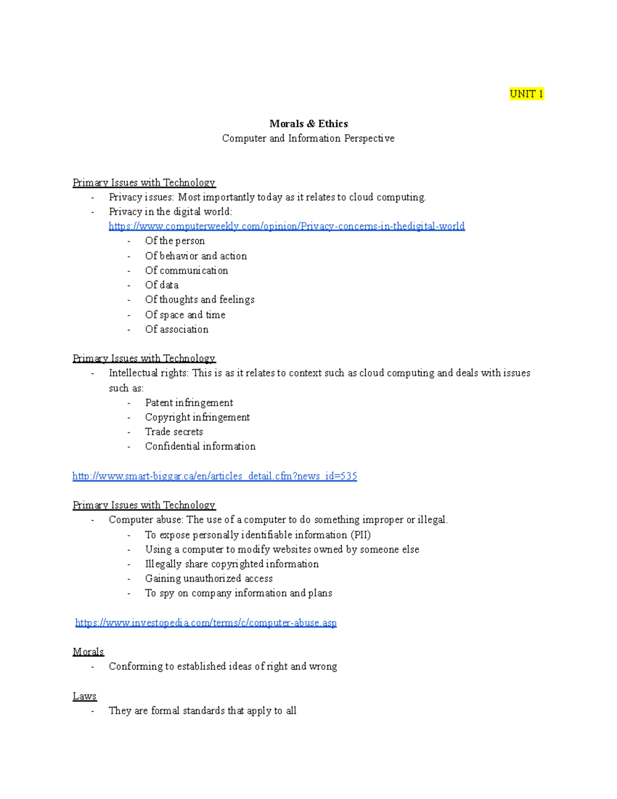 Lecture notes - online course - UNIT 1 Morals & Ethics Computer and ...