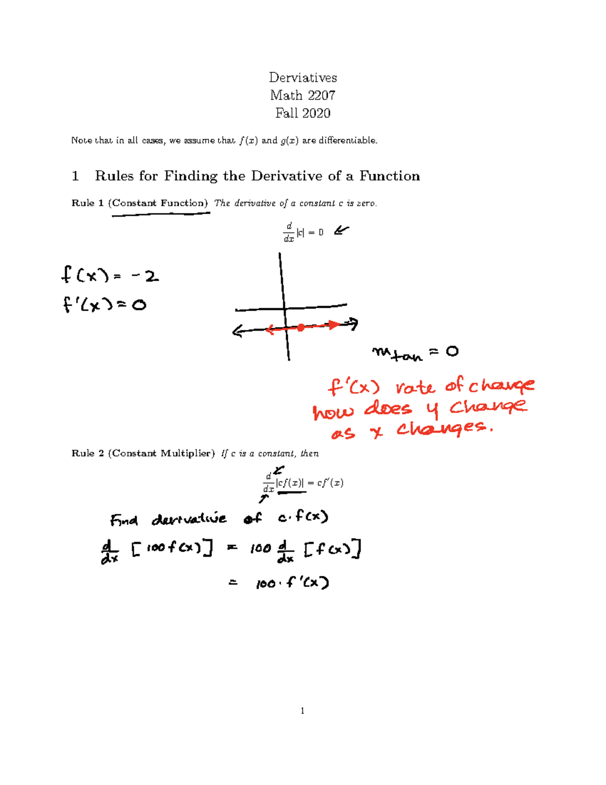 Derivative Rules Annotated - Derviatives Math 2207 Fall 2020 Note that ...