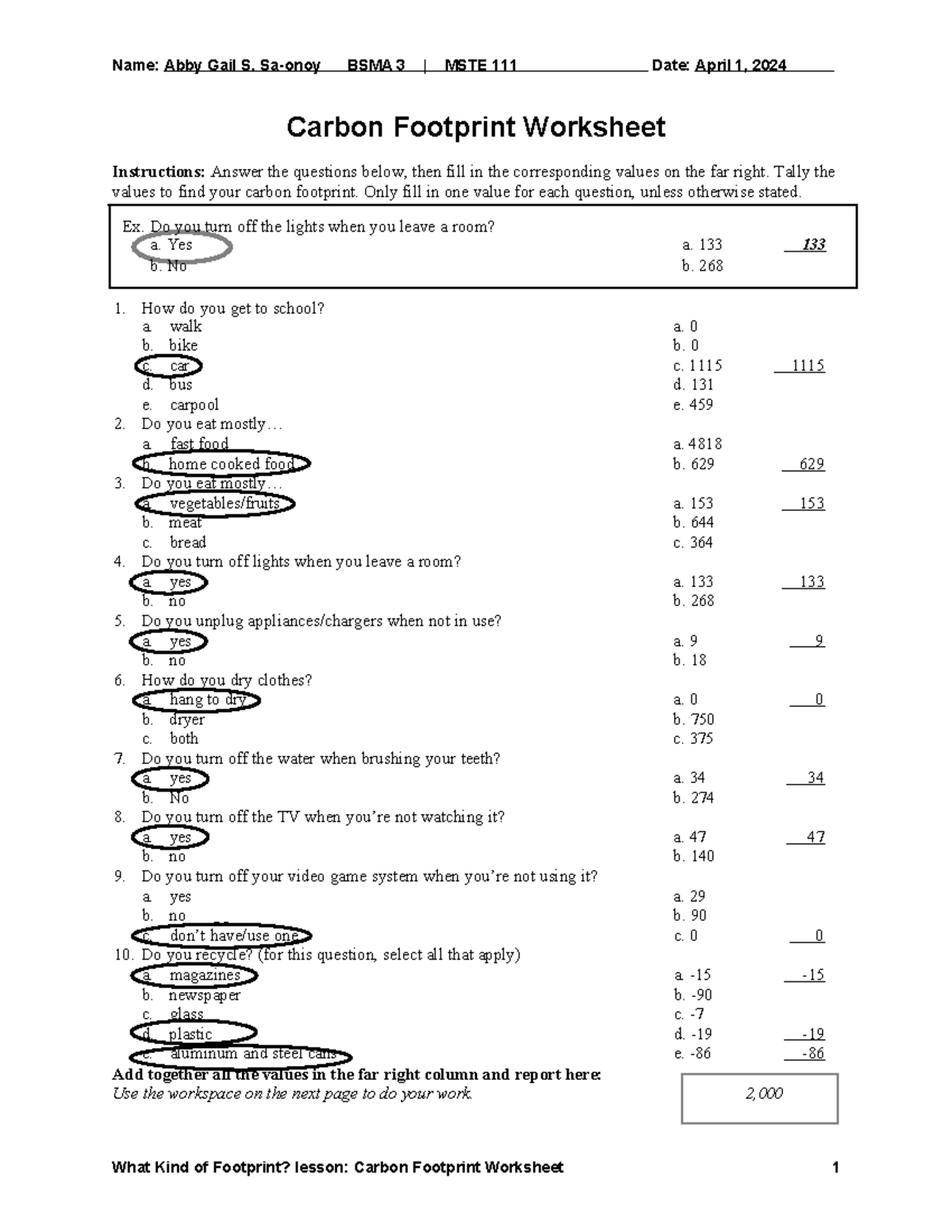 MSTE-111 Carbon-Footprint-Worksheet - Carbon Footprint Worksheet ...