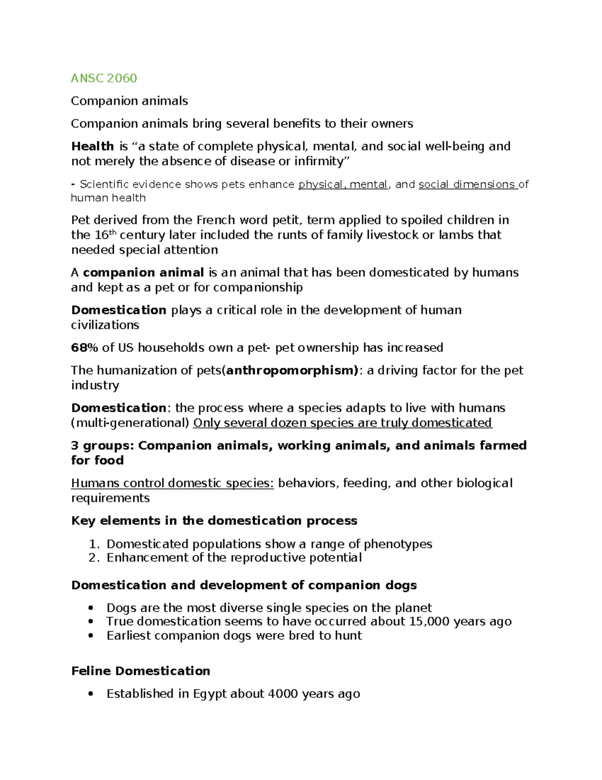 ANSC 2060 notes - ANSC 2060 Companion animals Companion animals bring ...