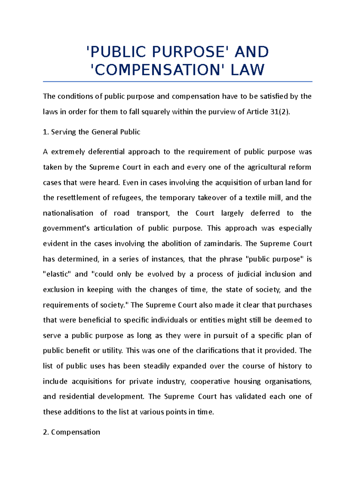  Public Purpose AND Compensation LAW PUBLIC PURPOSE AND