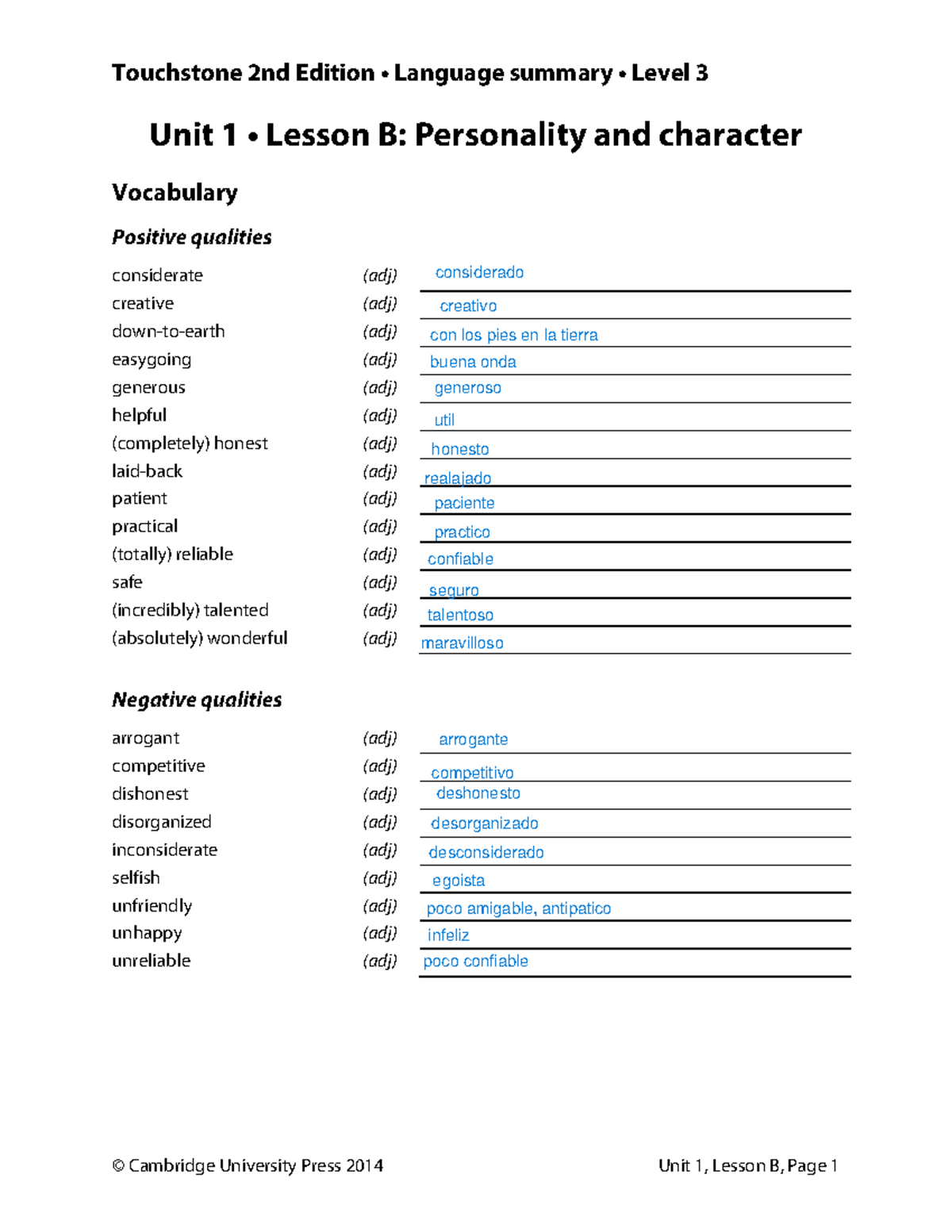 Unit 1 Lesson B Personality and character - Touchstone 2nd Edition • Language summary • Level 3 ...